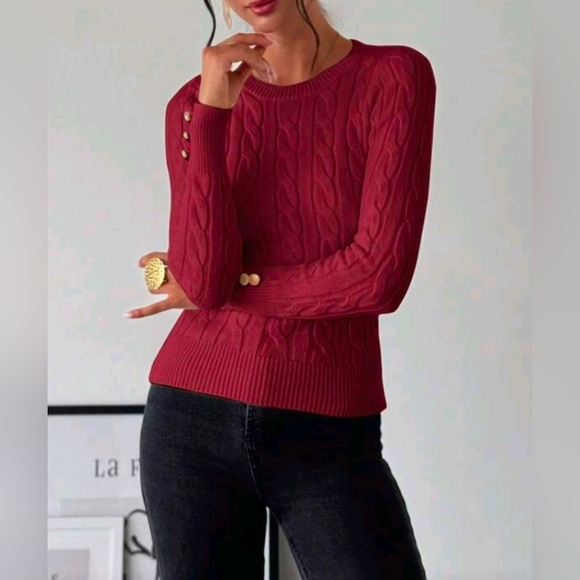 Sweaters | New Luxe Cable Knit Fitted Sweater Top Pullover Burgundy Red ...